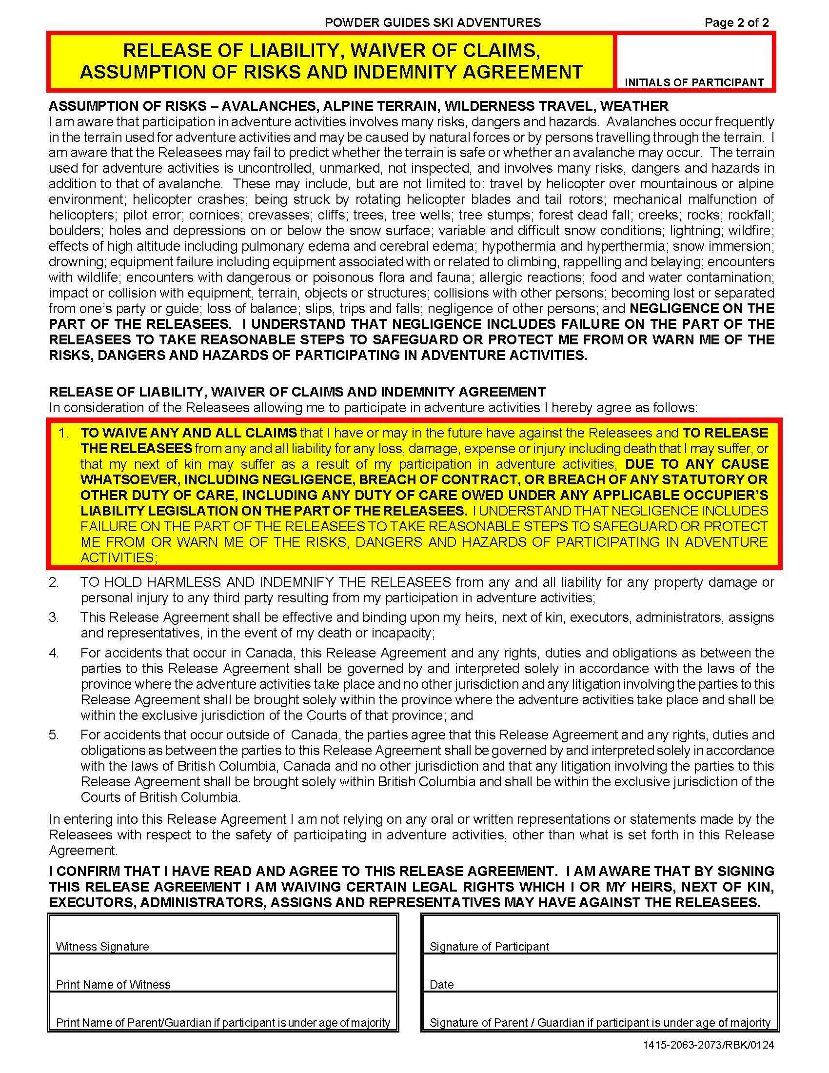 Release of Liability Waiver - Powder Guides